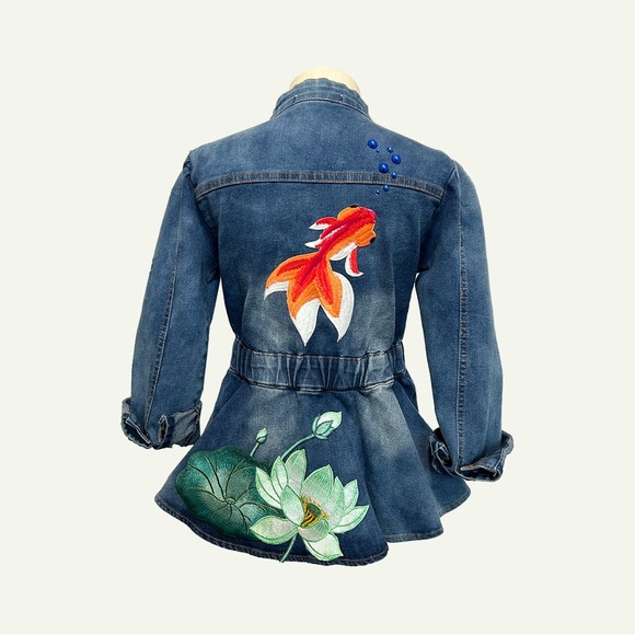 Jackets & Coats | Kids Denim Jacket With Embroidered Fish And Lotus ...